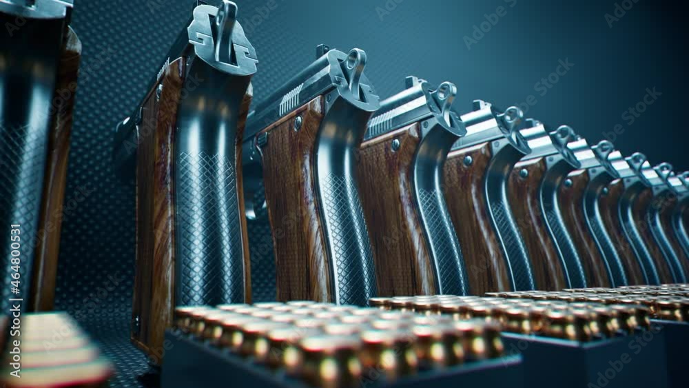 Shiny pistols with bullets. Guns. Munition depot. Ammo dump. Military ...