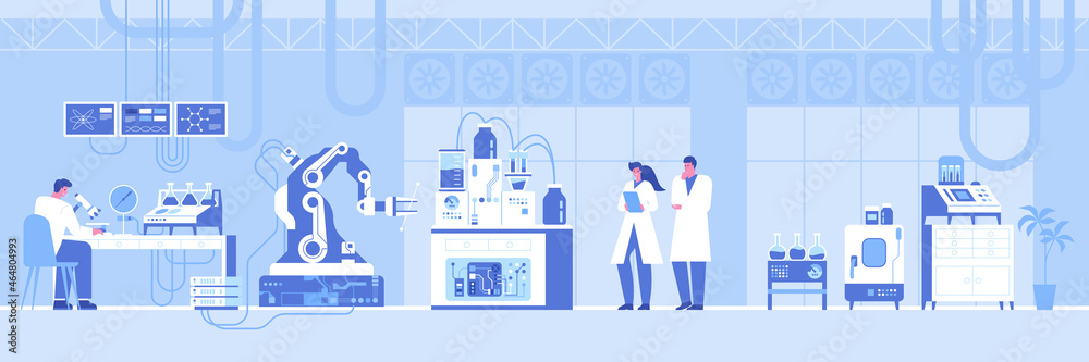 Automated scientific laboratory horizontal background. Team scientists ...