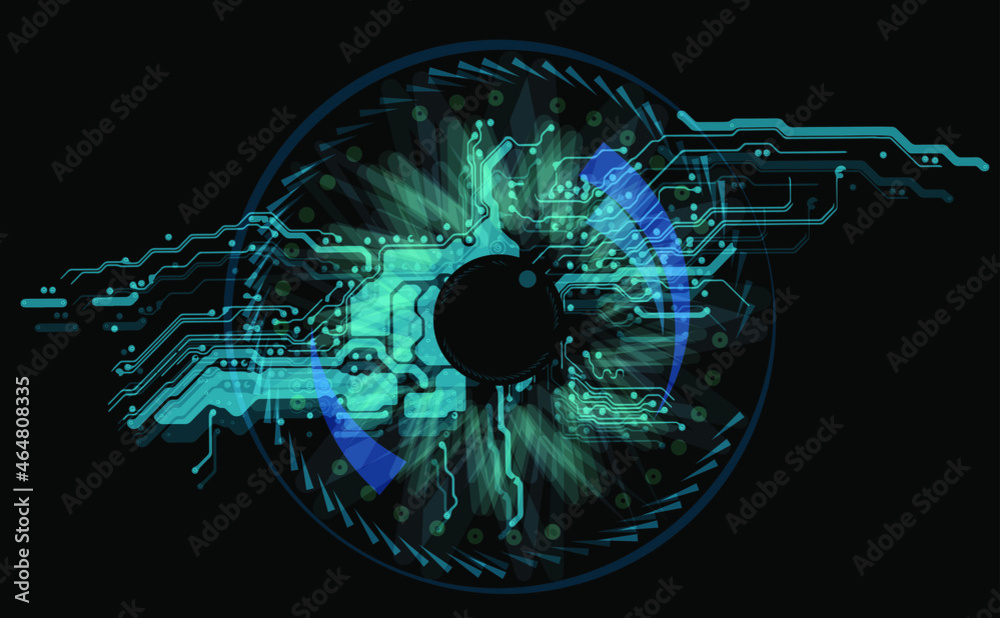 Techno eye with motherboard pattern isolated on black background ...