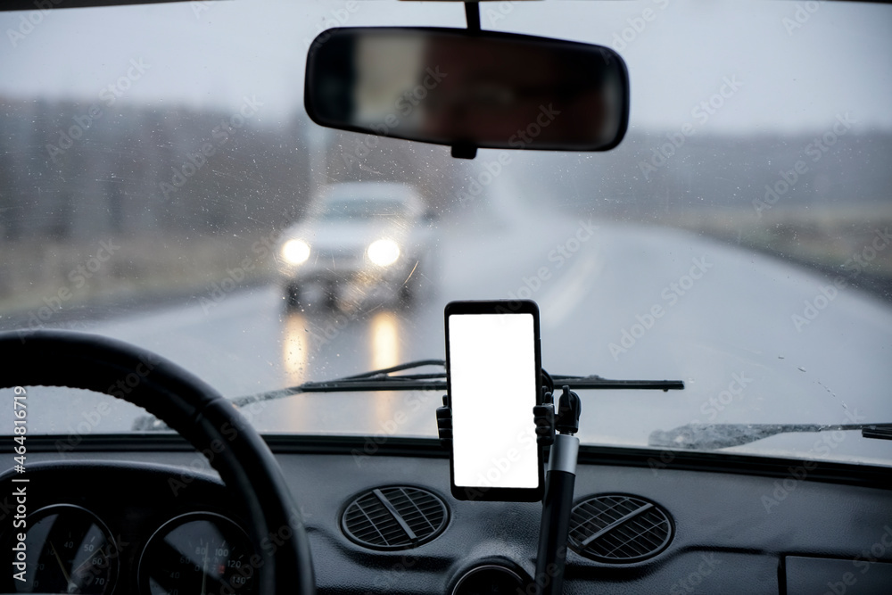 smartphone white blank screen inside the car. Mock up image. blank ...