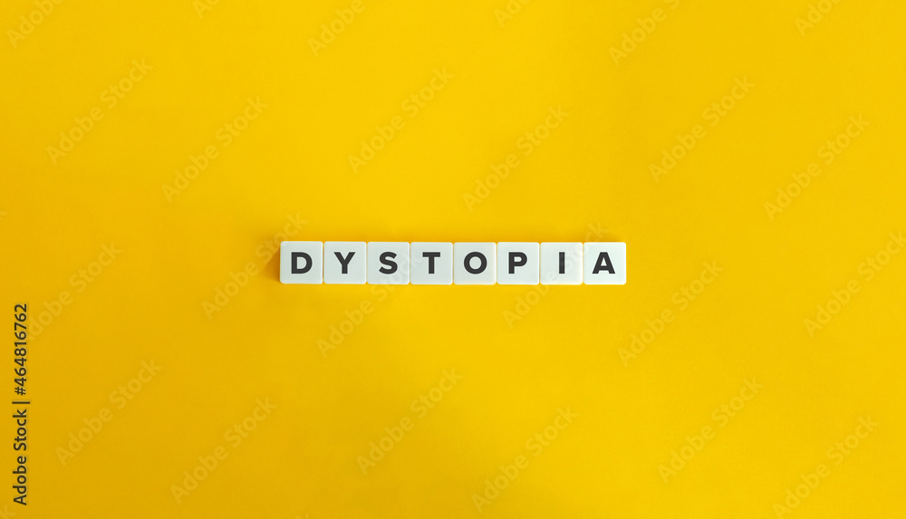 Dystopia banner and concept. Block letters on bright orange background ...