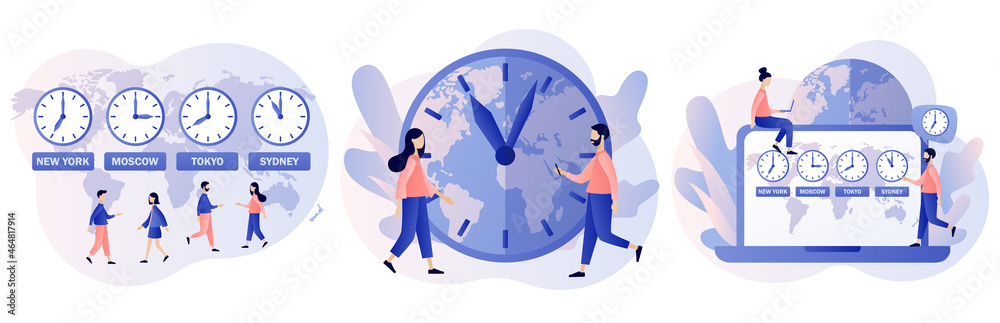 Time zones. International time and date. Tiny people business worldwide ...