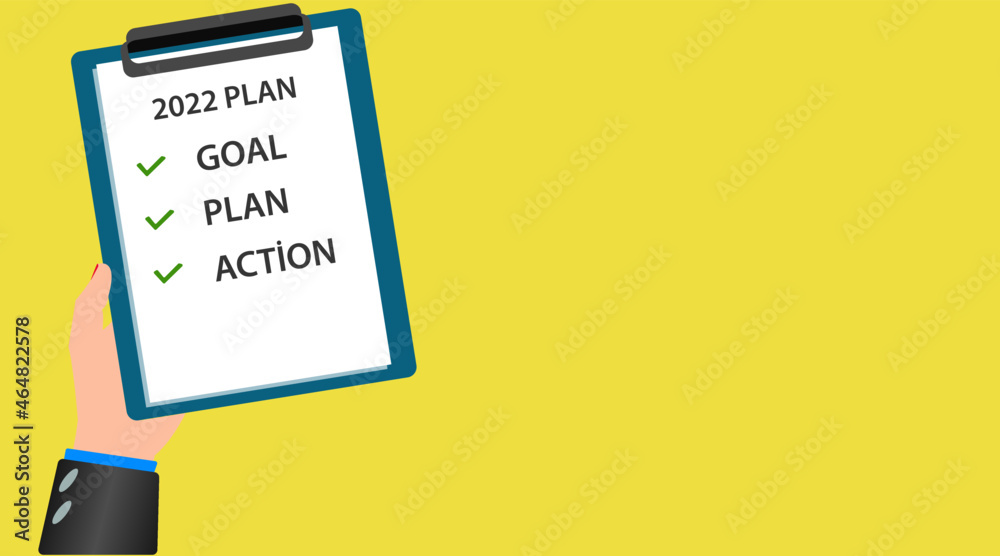Participation board with 2022 plan checklist in woman's hand. Goal,plan ...