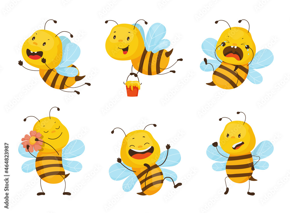 Collection of cartoon illustrations with bee performing different ...