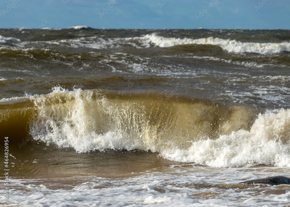 wave on the beach, background blur and waves in sunlight, dramatic ...