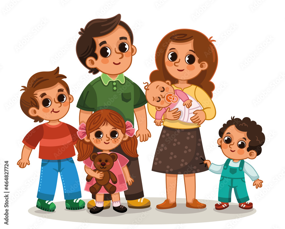 Cute cartoon family of six with mum dad and for kids. Vector ...