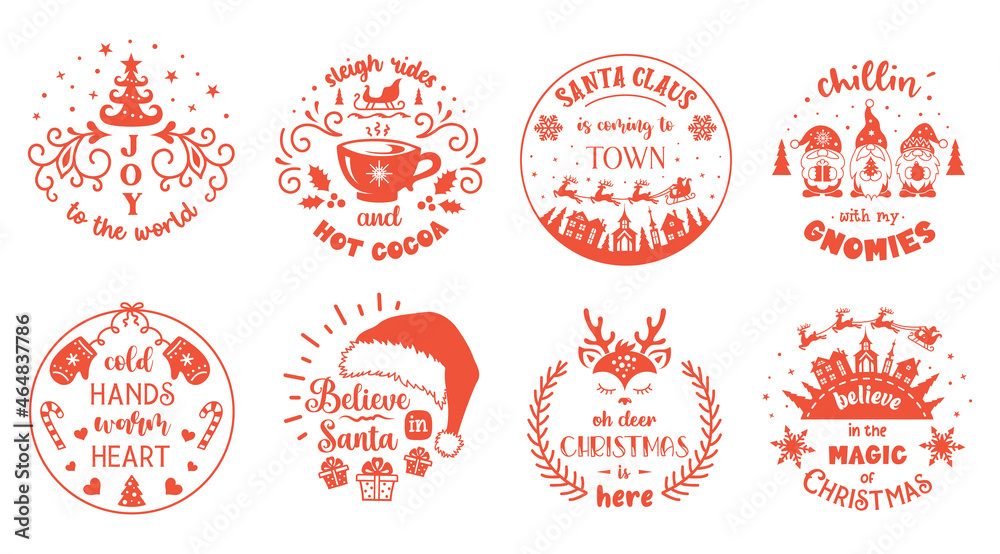 Christmas round signs with greeting quotes and words. Set of Christmas ...