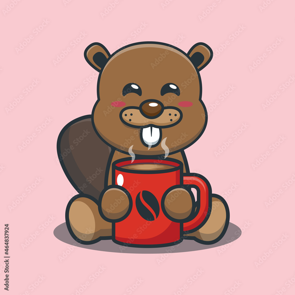 Cute beaver with hot coffee. Cute animal cartoon illustration. Vector ...