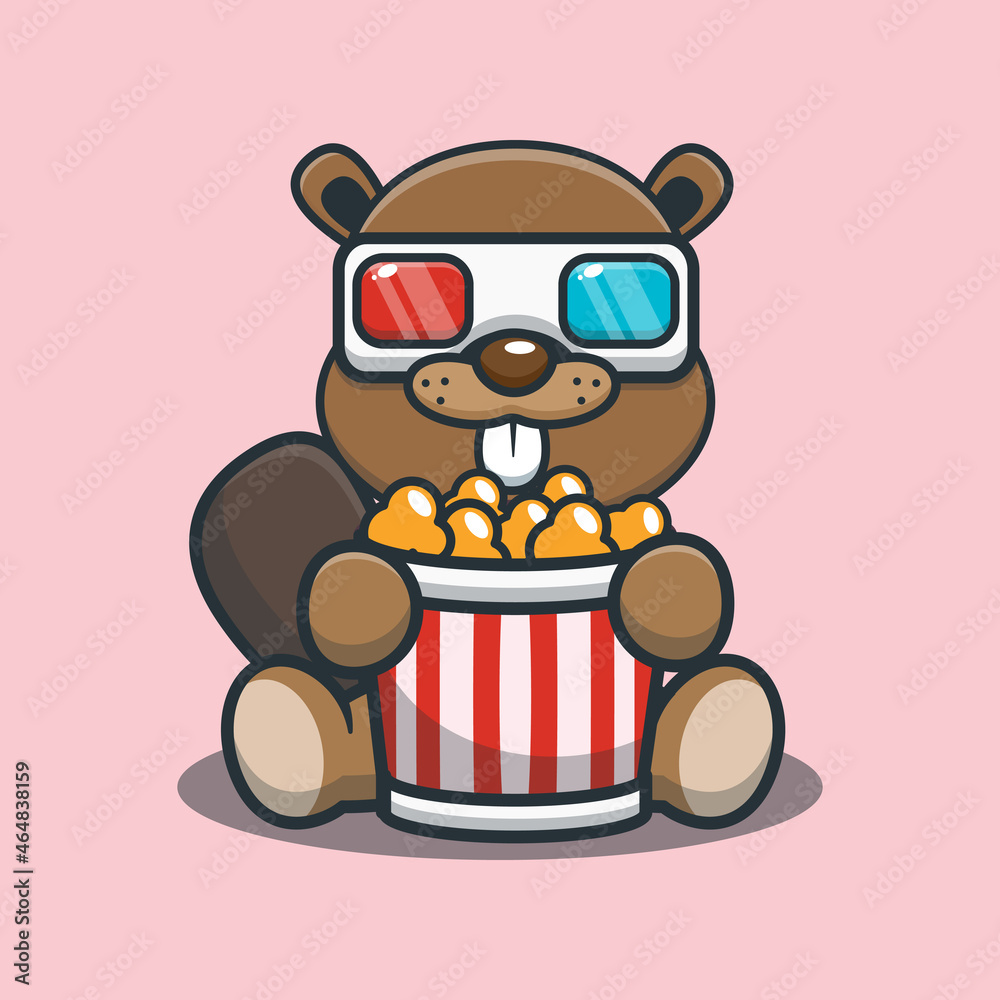 Cute beaver eating popcorn and watch 3d movies. Cute animal cartoon ...