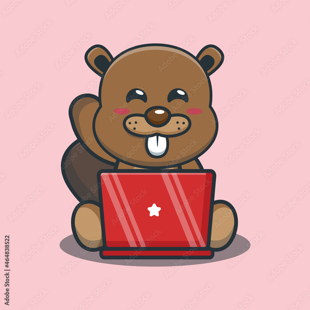 Cute beaver with laptop. Cute animal cartoon illustration. Vector ...