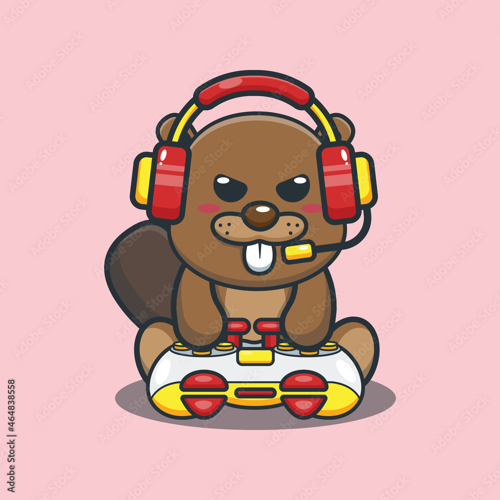 Cute beaver gaming player. Cute animal cartoon illustration. Vector ...