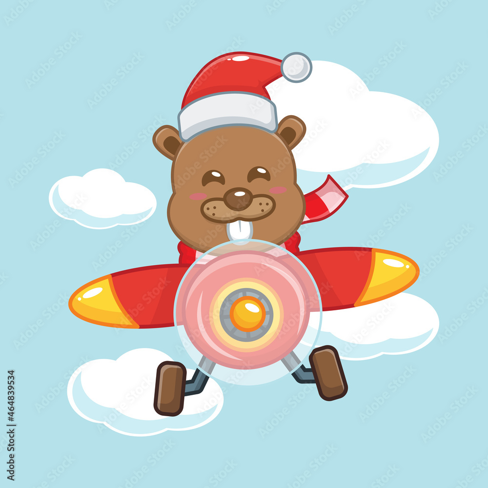 Cute beaver flying with plane in christmas day. Cute animal christmas ...