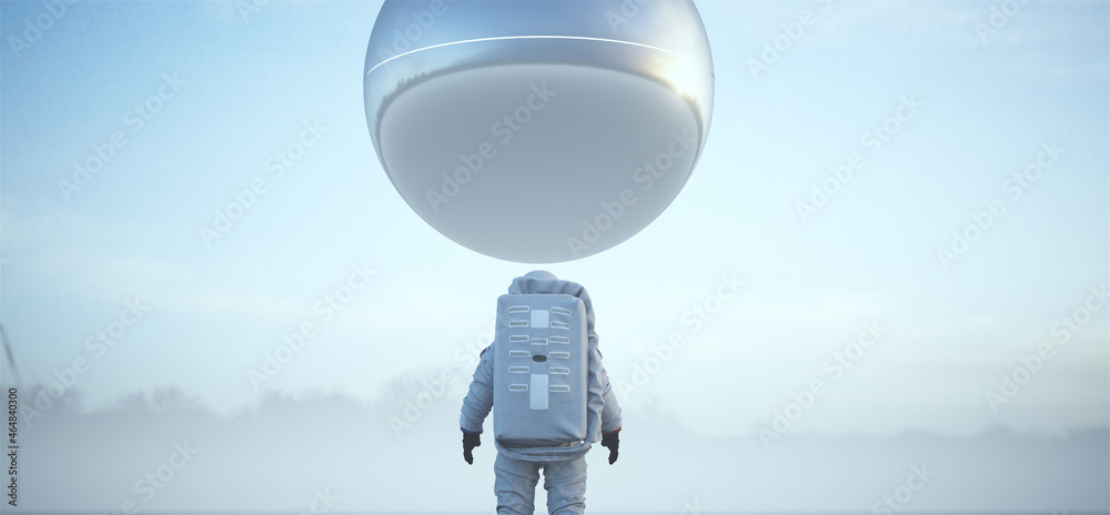Astronaut Futuristic Alien UFO Giant Silver Metal Sphere Reflection ...