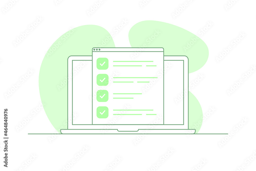 Laptop with online quiz form checklist on screen. Choice and survey ...