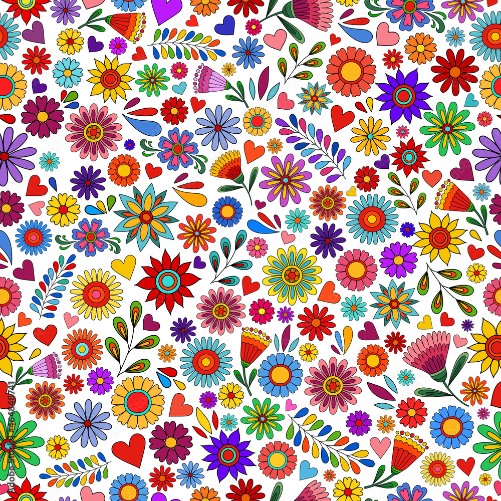 Flower pattern. Doodle flowers on dark backdrop. Colorful flower Day of ...
