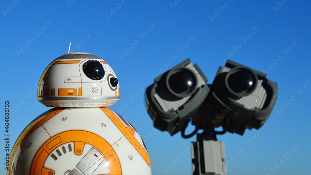 Toy robots Sphero Star Wars BB8 and head of LEGO Disney Pixar Wall-E ...
