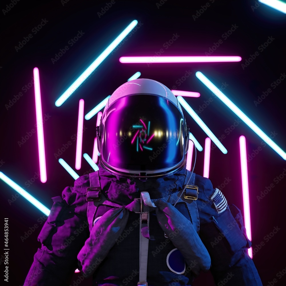 Astronaut in infinite neon corridor. Neon laser light. Retrowave 3d ...