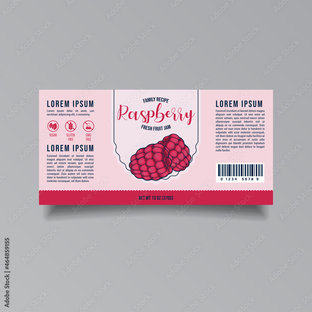 Raspberry jam label template. Modern vector packaging design layout ...