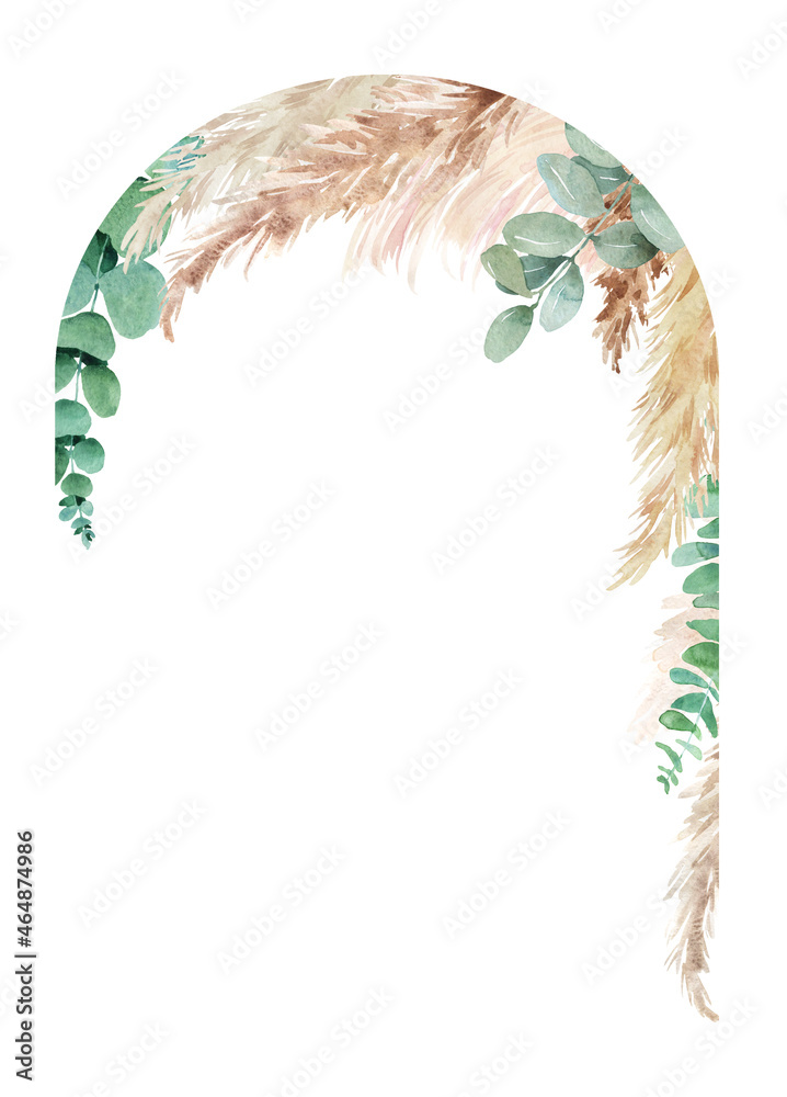 Watercolor pampas grass and eucalyptus arch. Hand painted boho floral ...