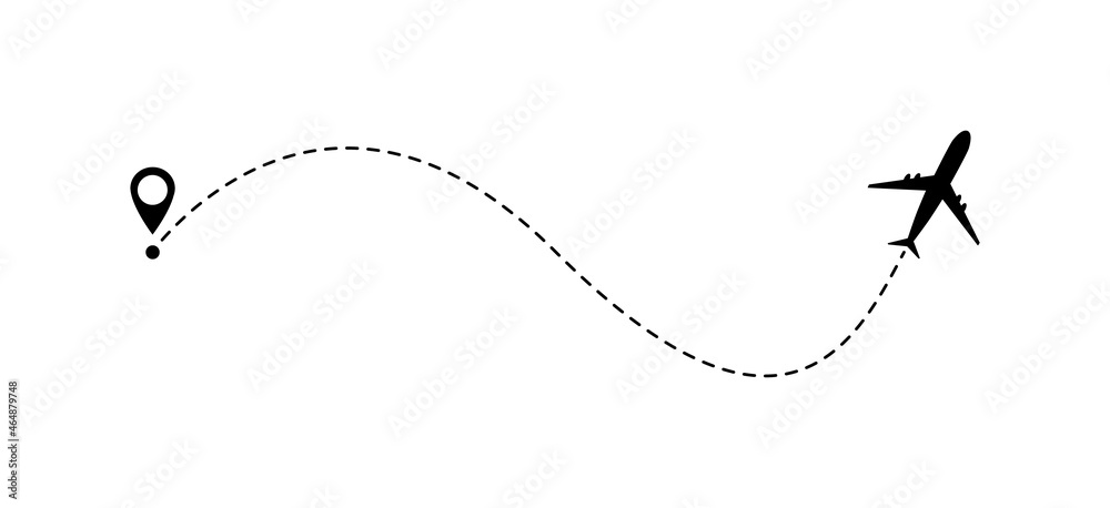 Airplane line vector icon of air plane flight route with start point ...