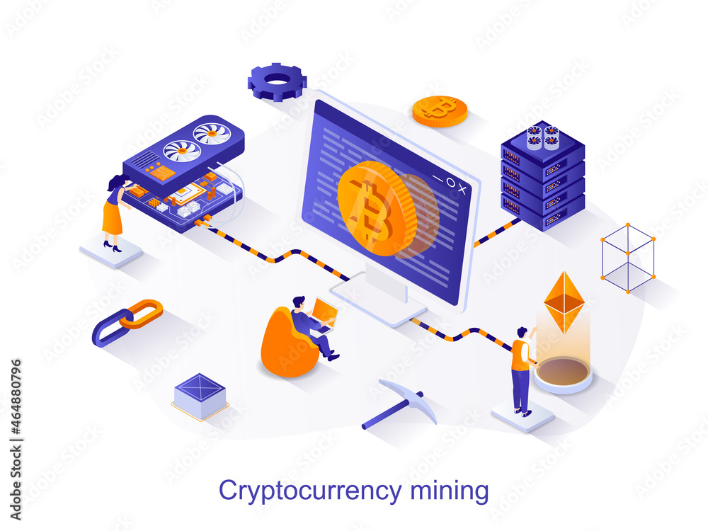 Cryptocurrency mining isometric web concept. People working at laptop ...