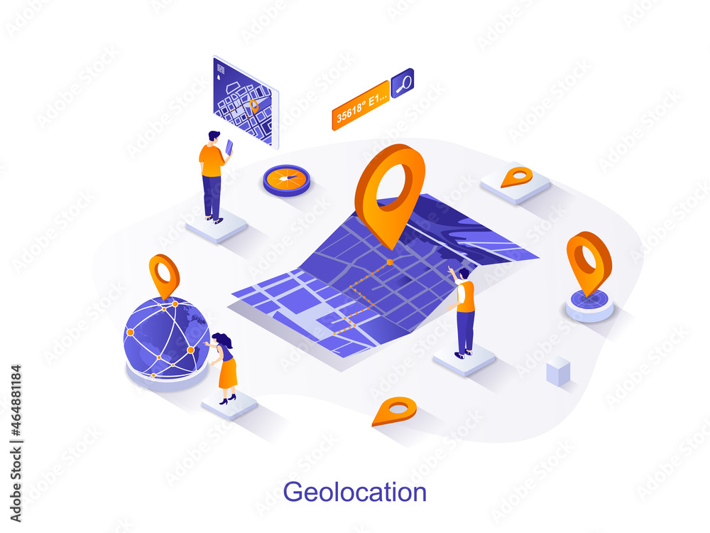 Geolocation isometric web concept. People track route on map with point marker, search by ...