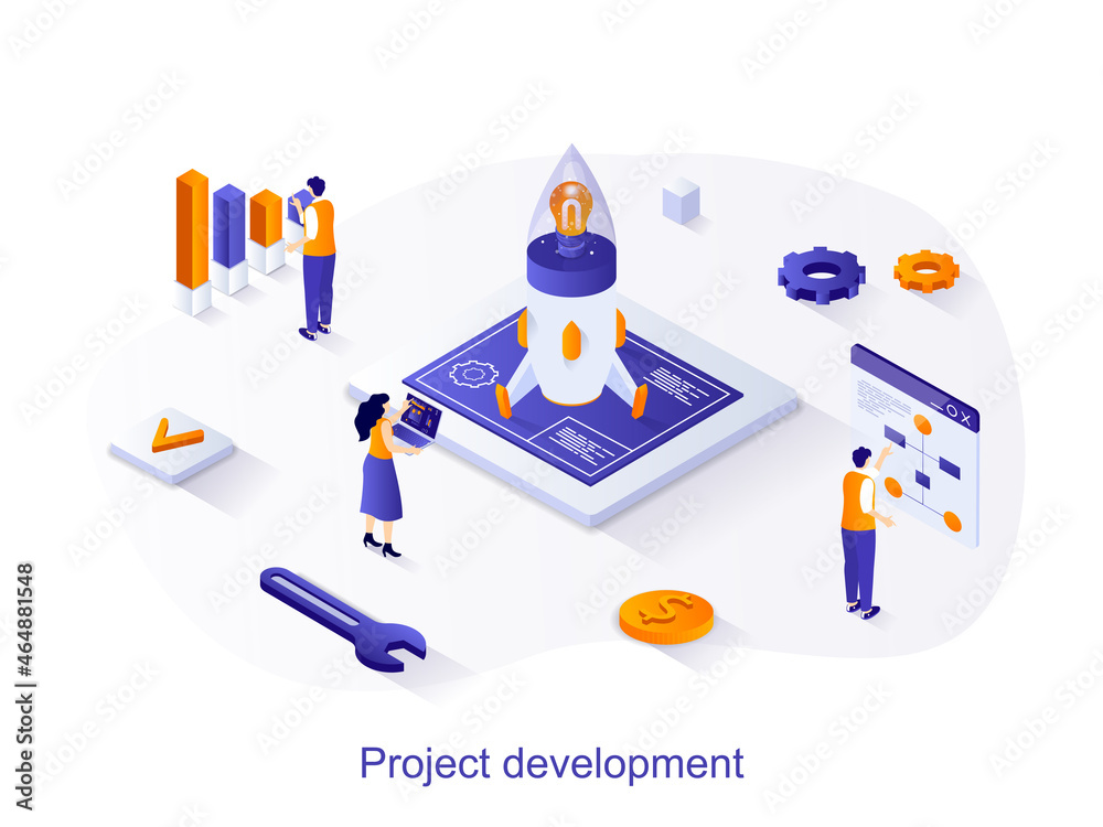 Project development isometric web concept. People launch startup ...