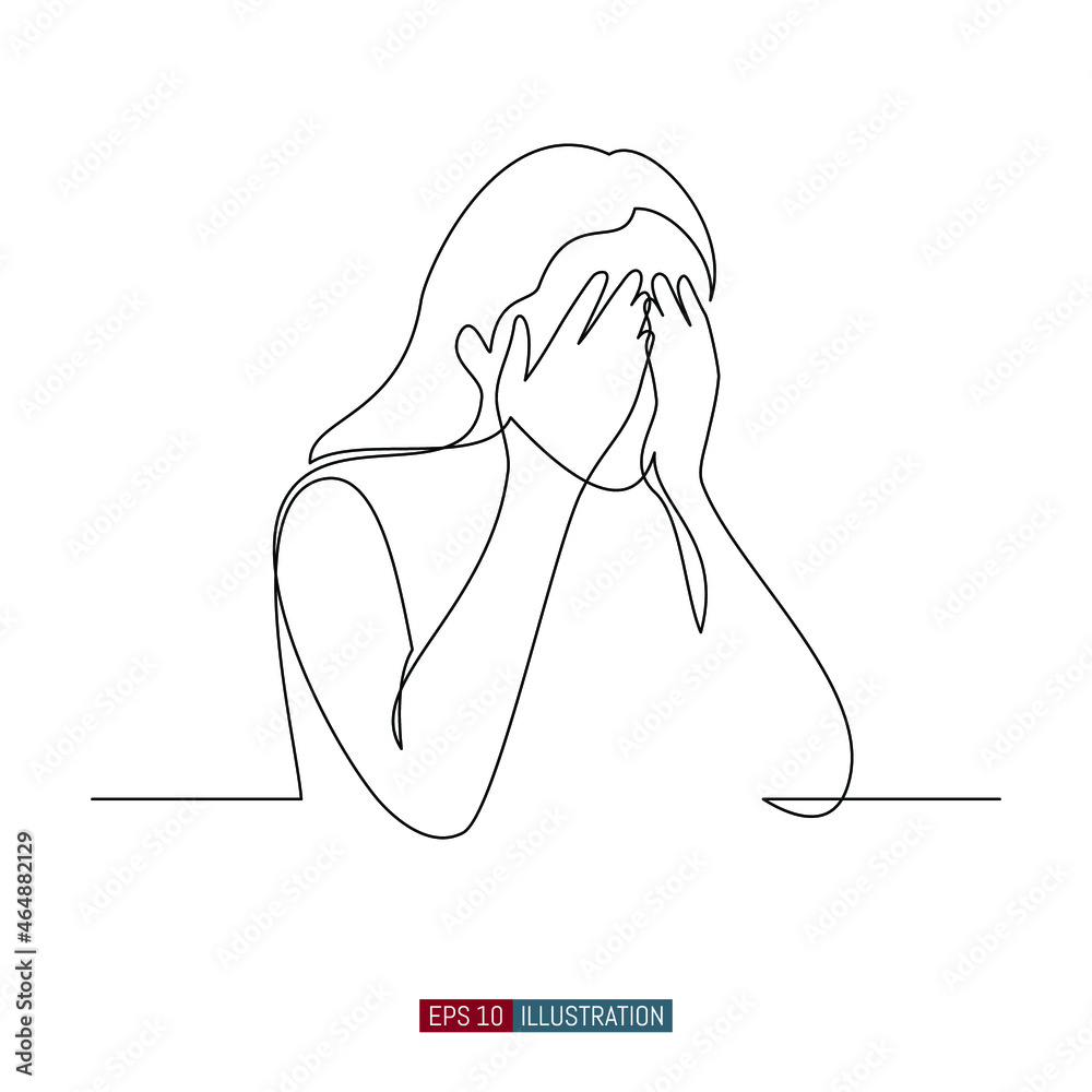 Continuous line drawing of Woman covers her face with her palms. The ...