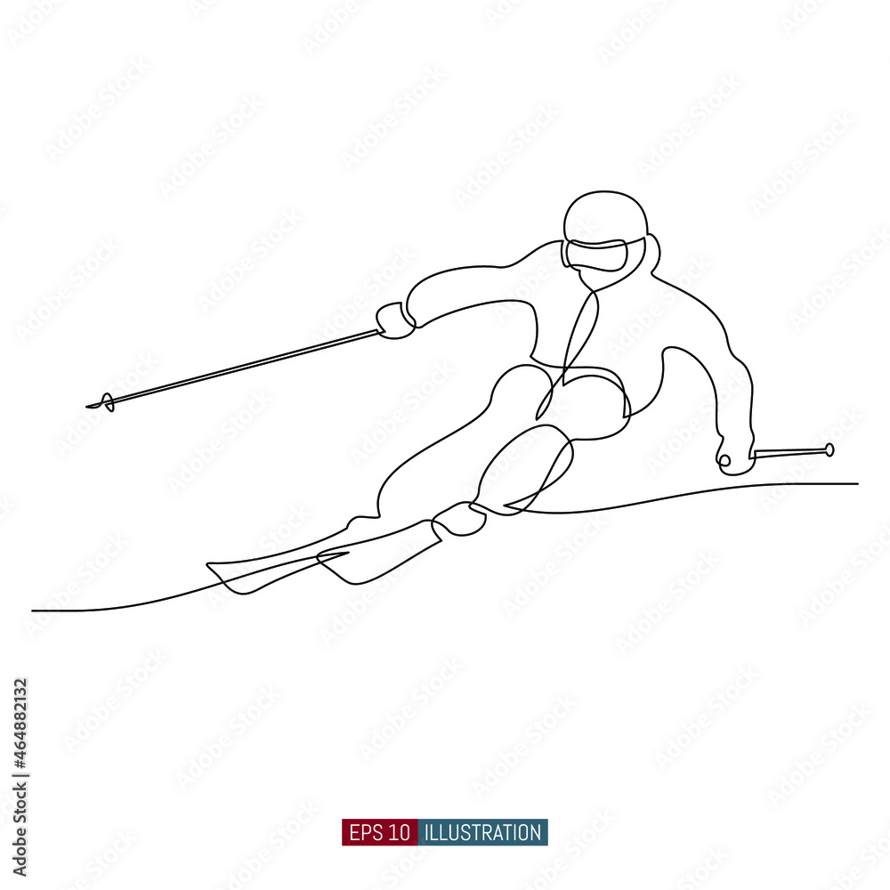 Continuous line drawing of Skier coming down from the mountain. Sports ...