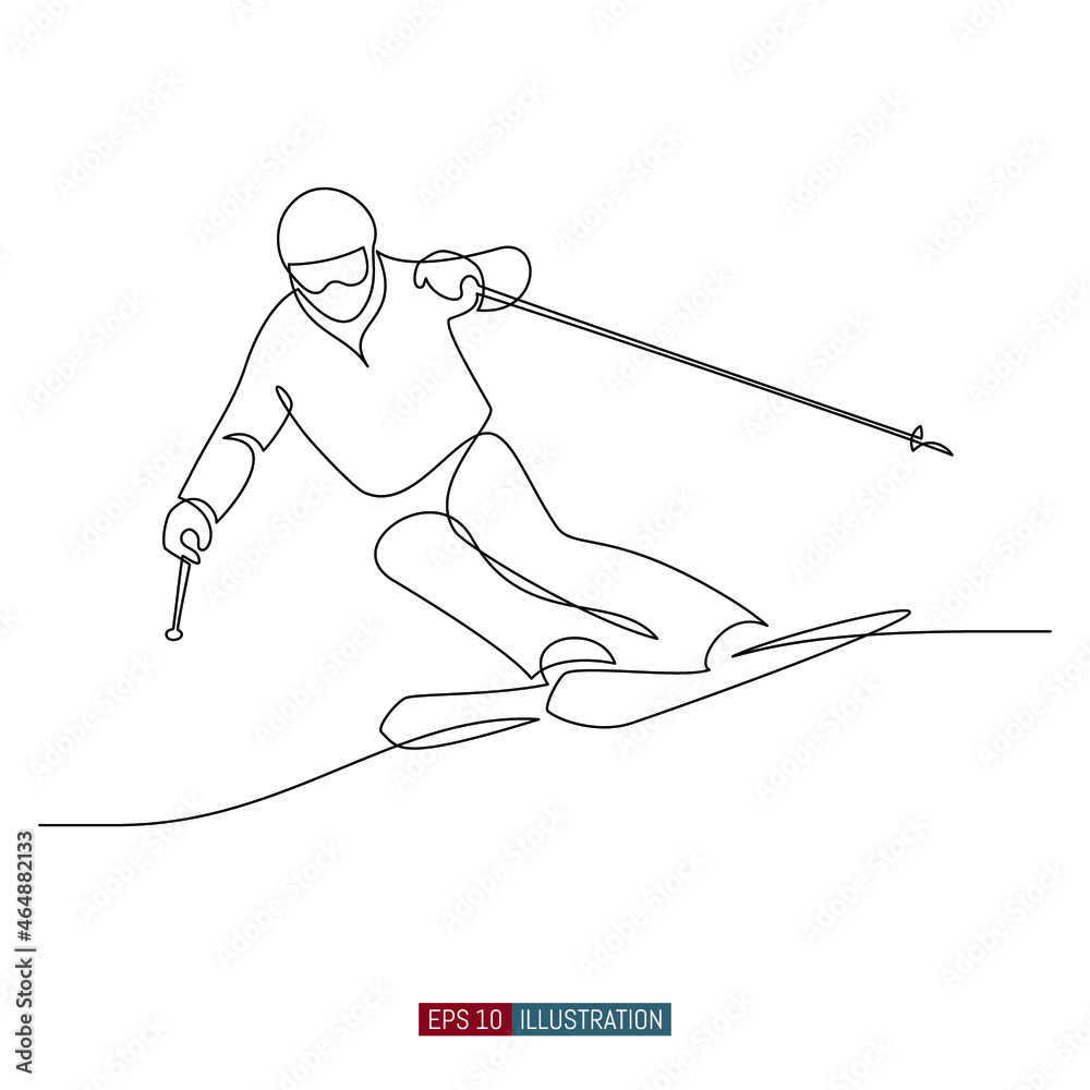 Continuous line drawing of Skier coming down from the mountain. Sports ...