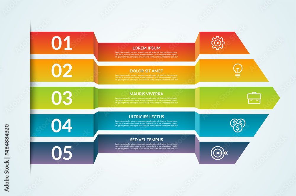 Modern infographic template. Big paper arrow of 5 colorful horizontal ...