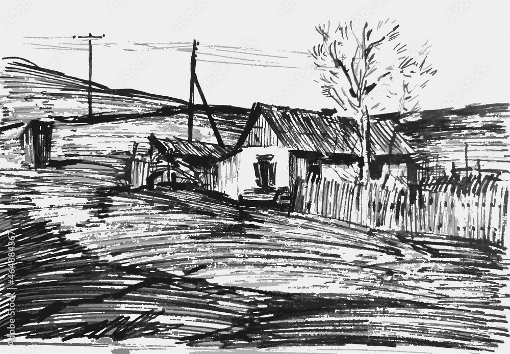 Textured vector freehand drawing of village landscape with rural house ...