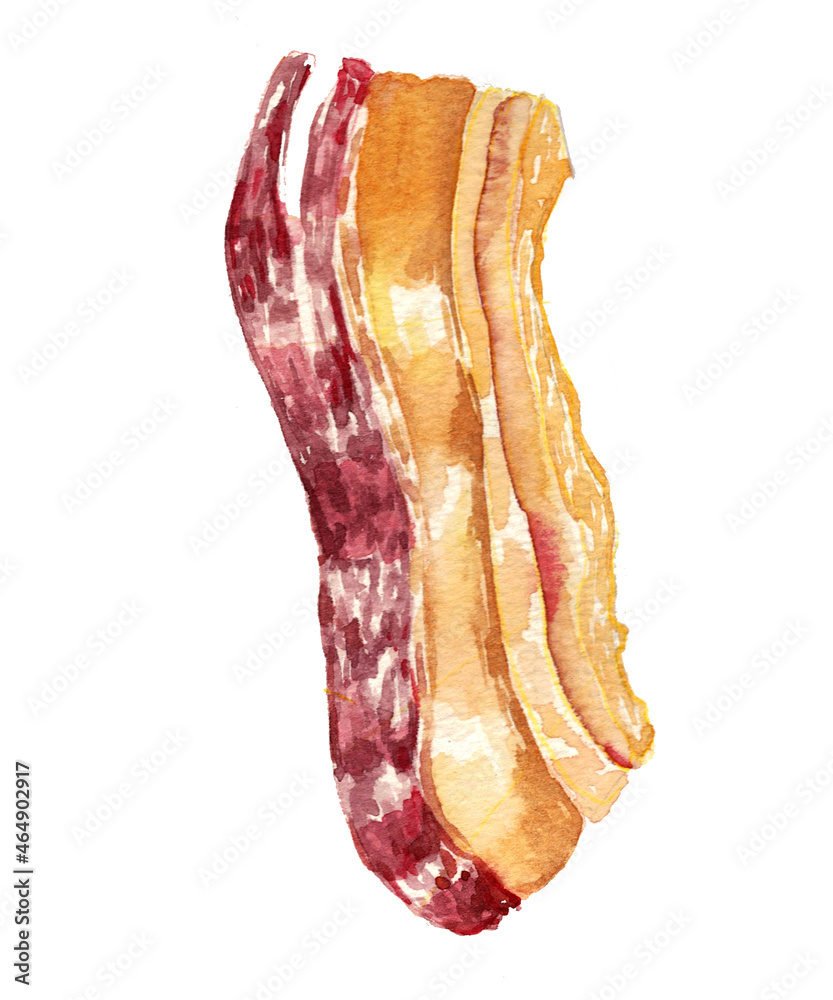 Watercolor bacon, hand drawn food illustration. Fast food recipe ...
