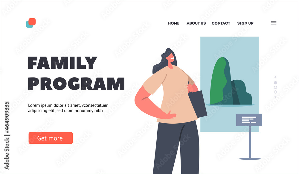 Family Program Landing Page Template. Female Character in Museum with ...