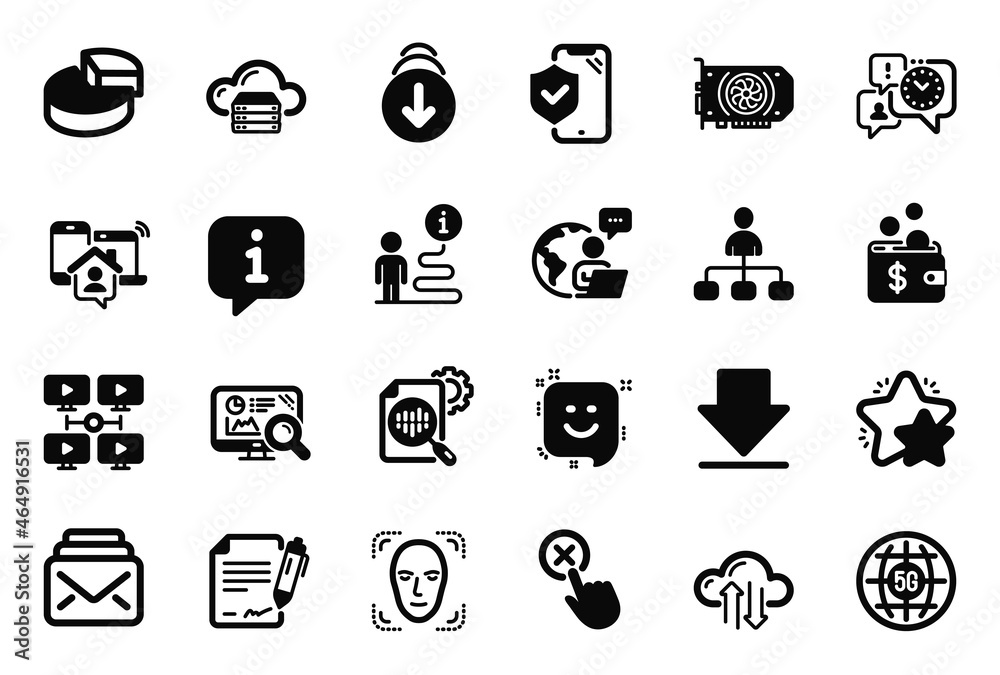 Vector Set of Technology icons related to Management, Outsource work and Scroll down icons. Face ...