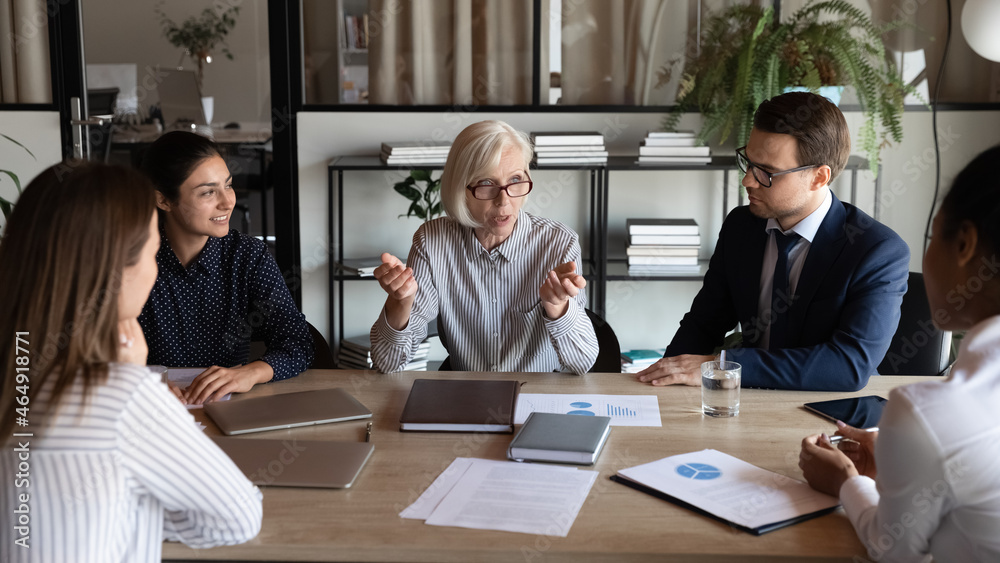 Lady boss. Elderly female ceo leader of business team coordinate work ...