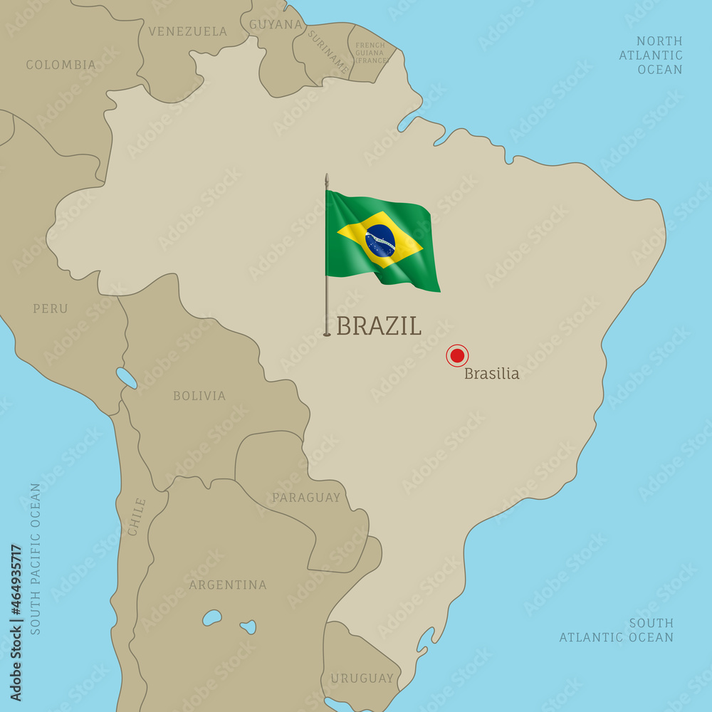 High detailed Brazil map with flag and labelings. Editable gray ...