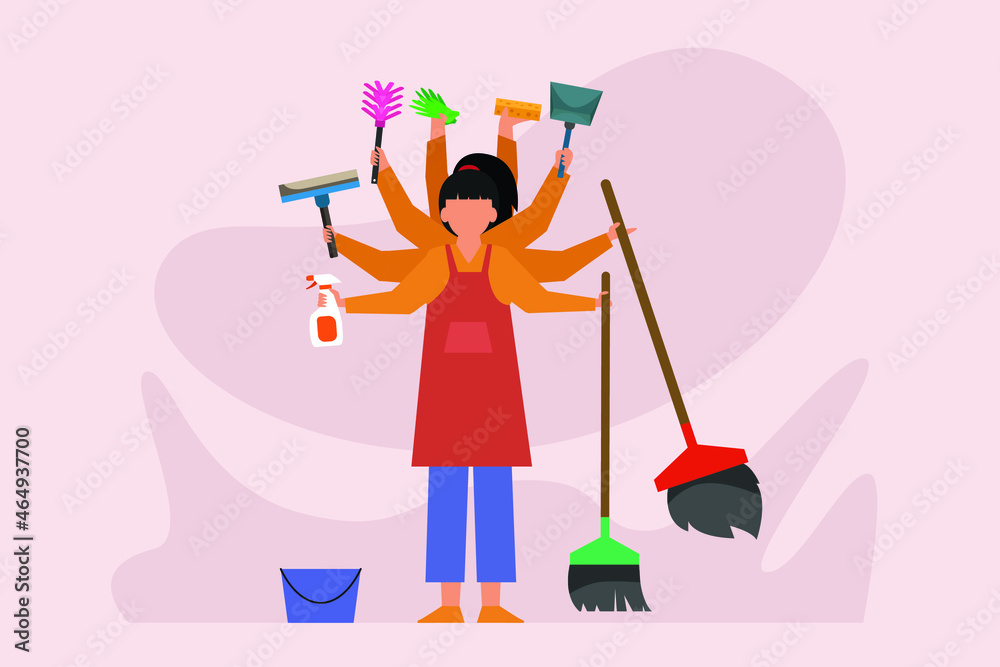 Multitasking vector concept. Female maid doing multitask with many ...