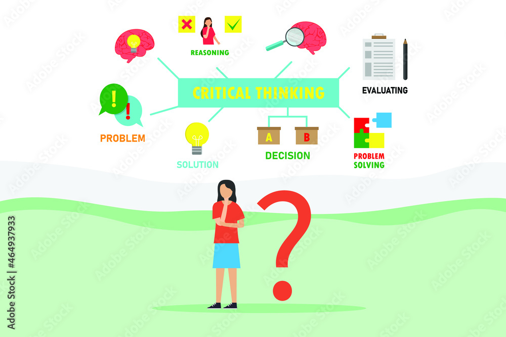 Critical thinking vector concept. Young woman doing critical thinking ...