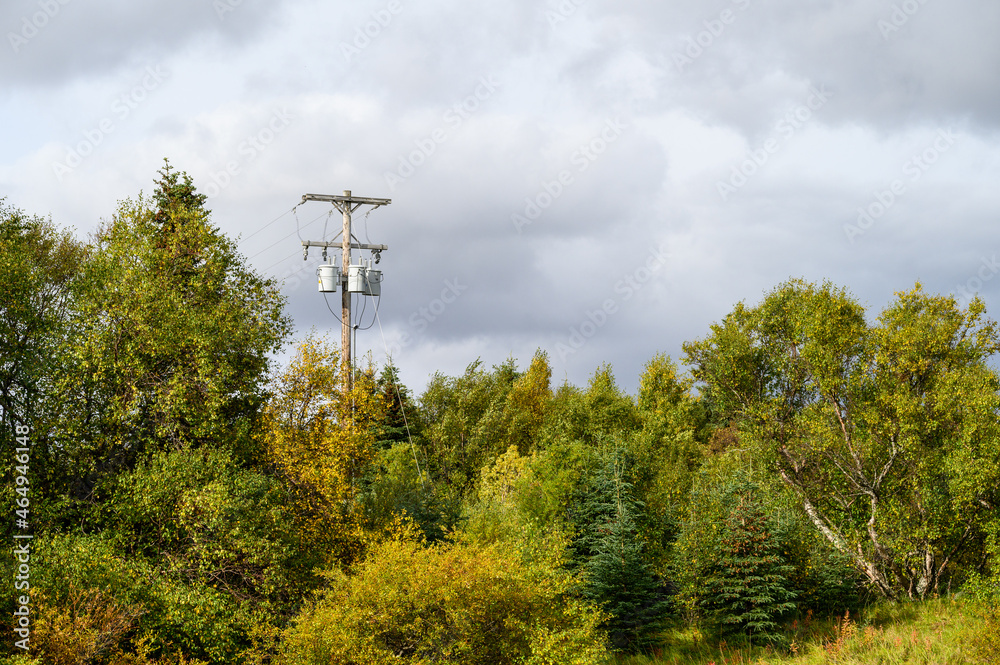 Fall landscape with moody sky and a wooden utility pole with ...