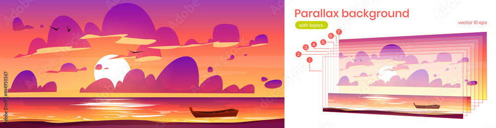 Sea landscape with sand beach and wooden boat at sunset. Vector ...