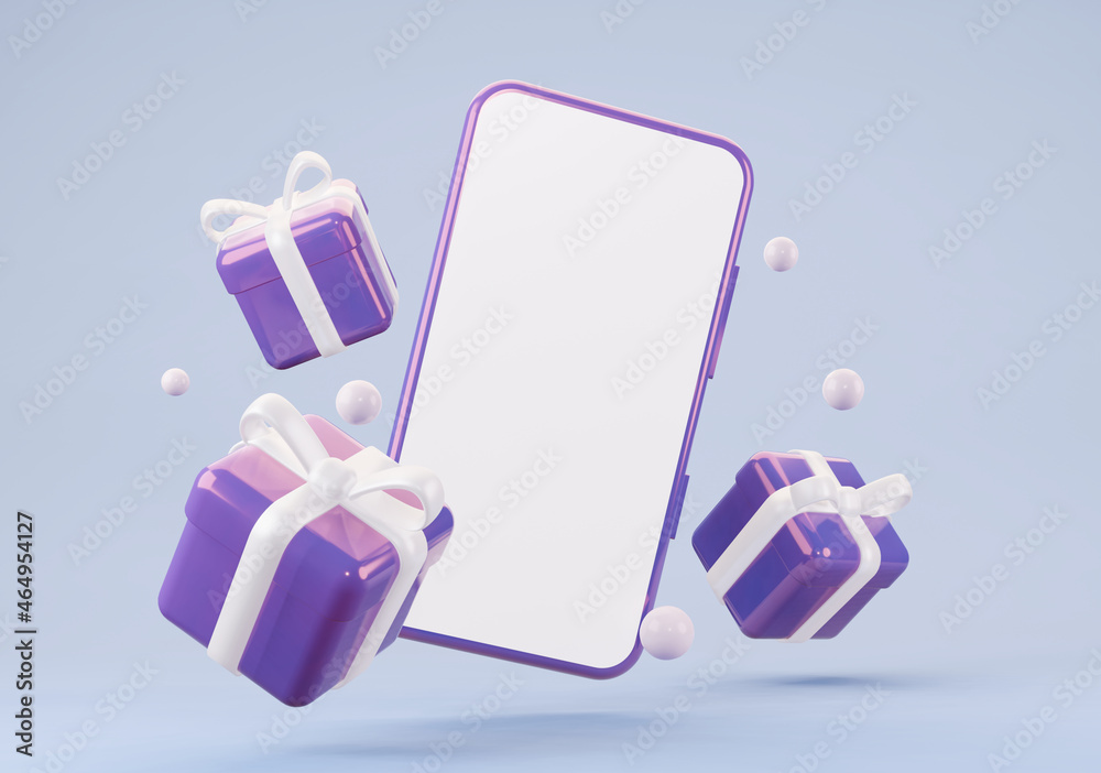Flying gifts with a mobile phone mockup. 3d rendering. Stock ...