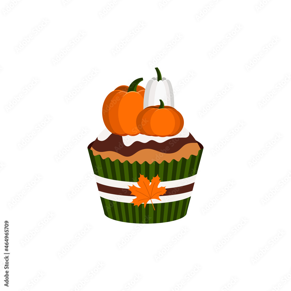 Cupcake with pumpkins chocolate icing and maple leaf holder decoration ...