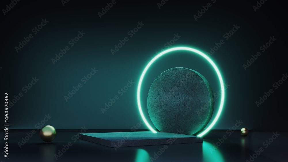 Abstract neon background with glowing geometric shapes, objects and ...