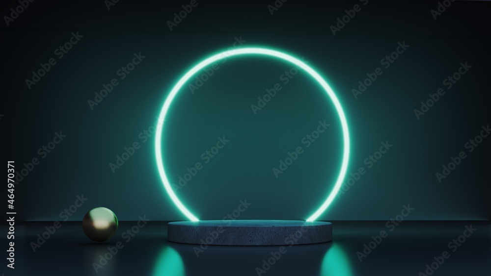 Abstract neon background with glowing geometric shapes, objects and ...