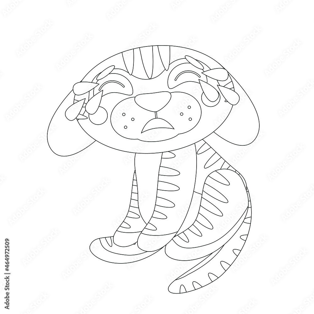 Coloring page of book for kids. Vector cute linear tiger cub,crying ...