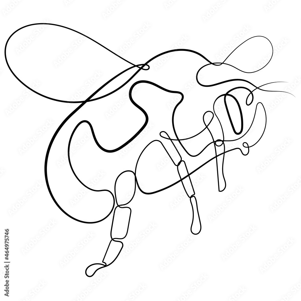 Line art drawing of cute fly, bee in vector illustration. Continuous ...