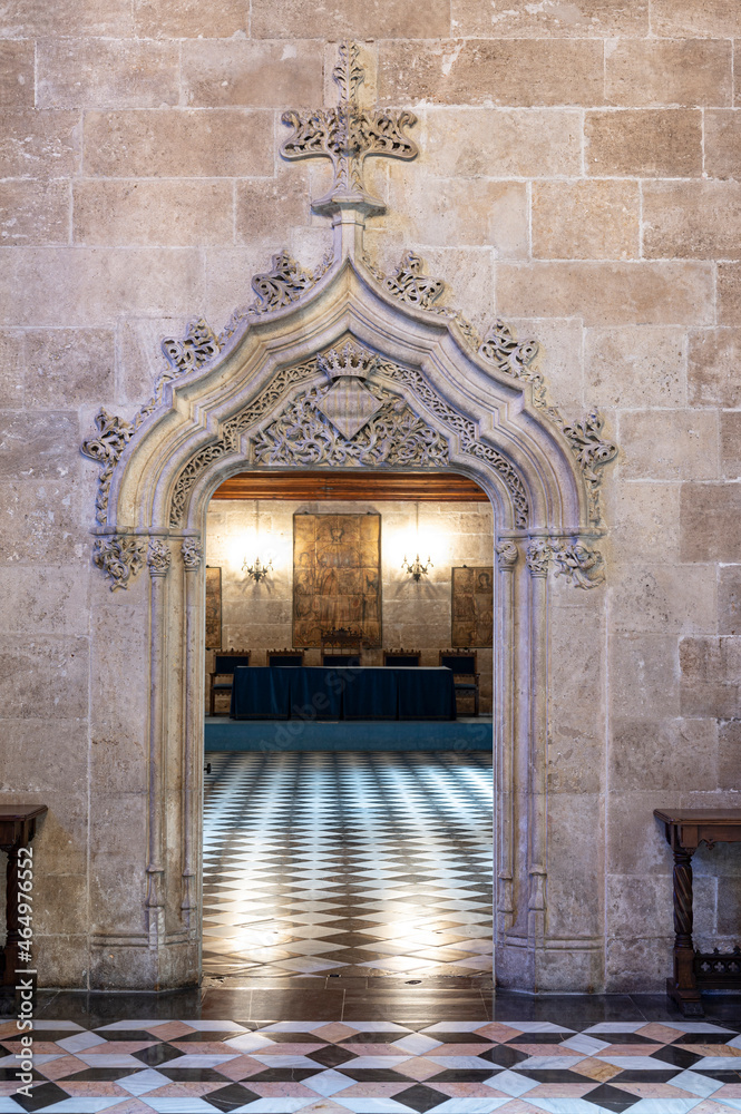 Architectural detail of an arch inside the Lonja de la Seda in Valencia ...