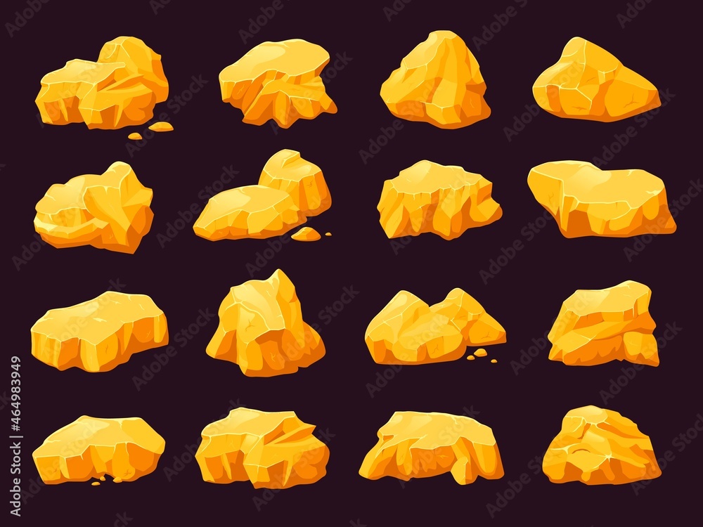 Gold rock stones. Game stone mine elements, golden nugget pile ...