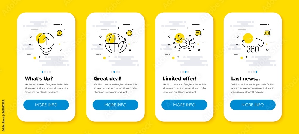 Vector set of Environment day, Swipe up and Bitcoin system line icons set. UI phone app screens ...